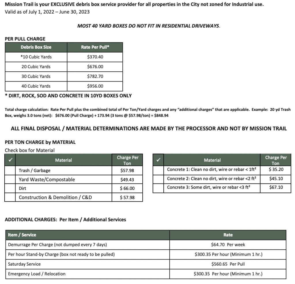 ON CALL DEBRIS BOX – Mission Trail Waste Systems